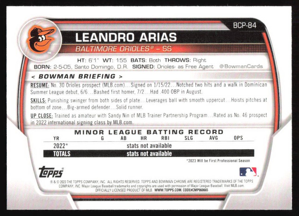 2023 Bowman Chrome Leandro Arias #BCP-84 Prospect 1st Baltimore Orioles ...