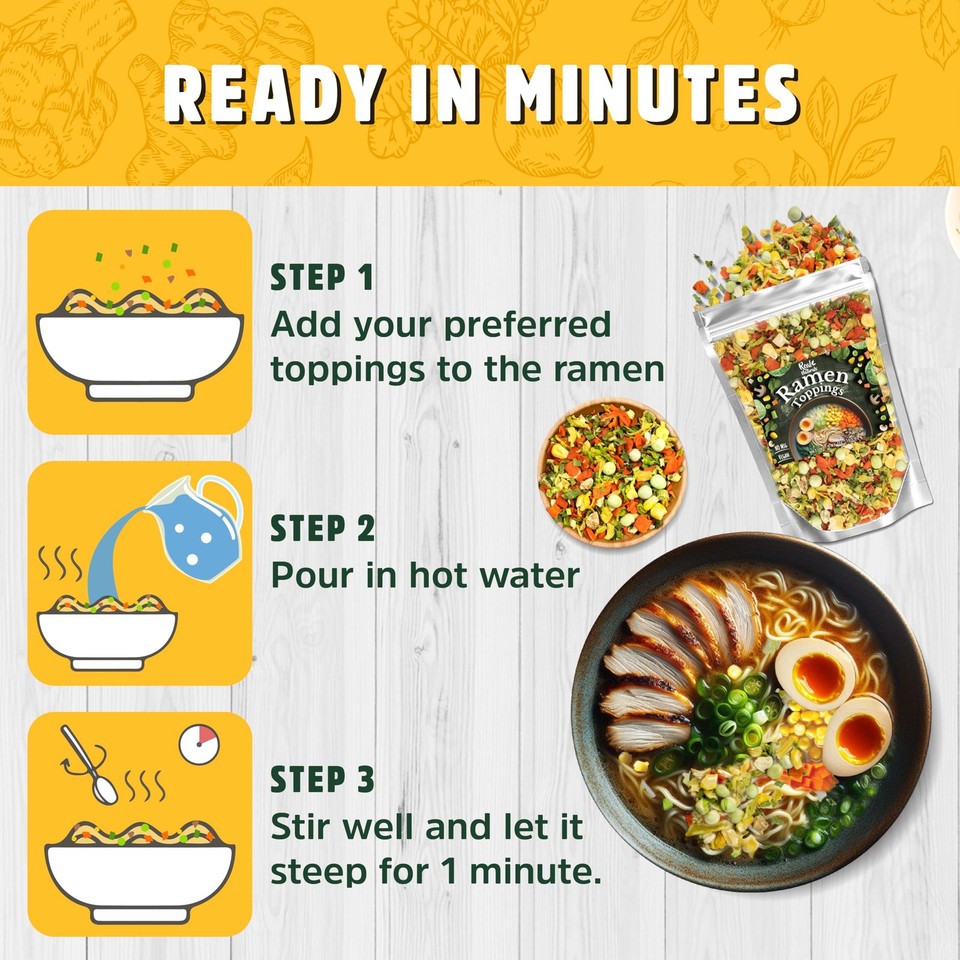 Dried ramen toppings. Dehydrated vegetables for ramen topper include ...