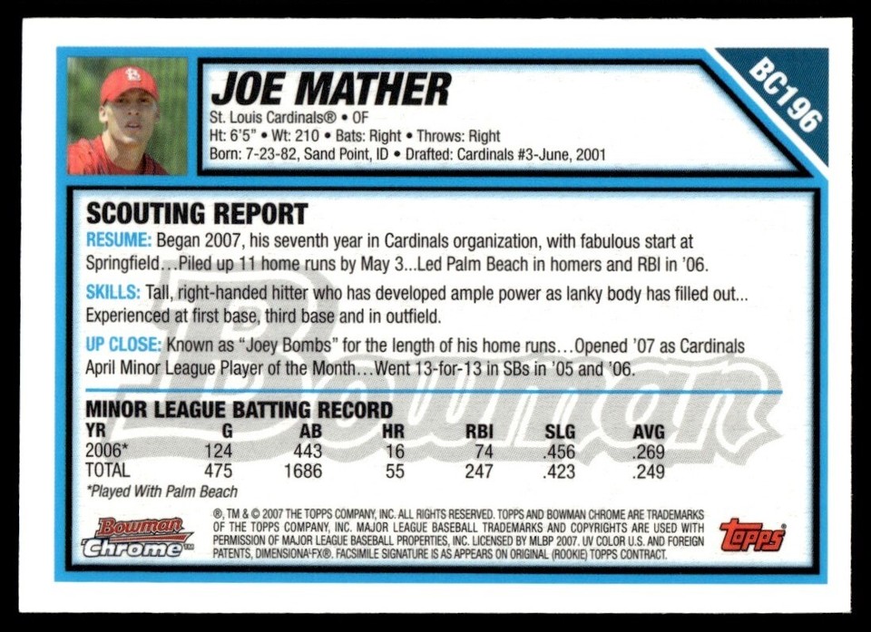 2007 Bowman Chrome Prospects Joe Mather Auto St. Louis Cardinals #BC196 ...