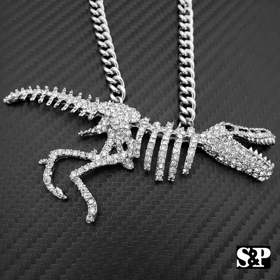 Hip Hop T-REX Skeleton Necklace & 18" Iced Cuban Box Lock Choker Chain ...