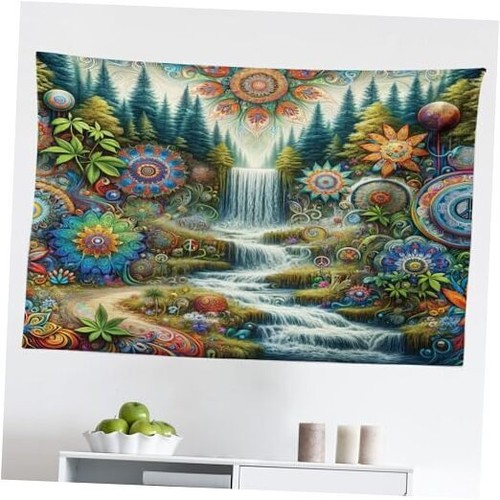 Trippy Tapestry, Scenic Waterfall with 45" X 30" Olive Green Multicolor ...