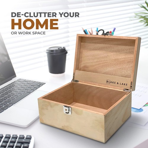 Large Locking Wood Storage Box - Wooden Box with Hinged Lid and Lock ...