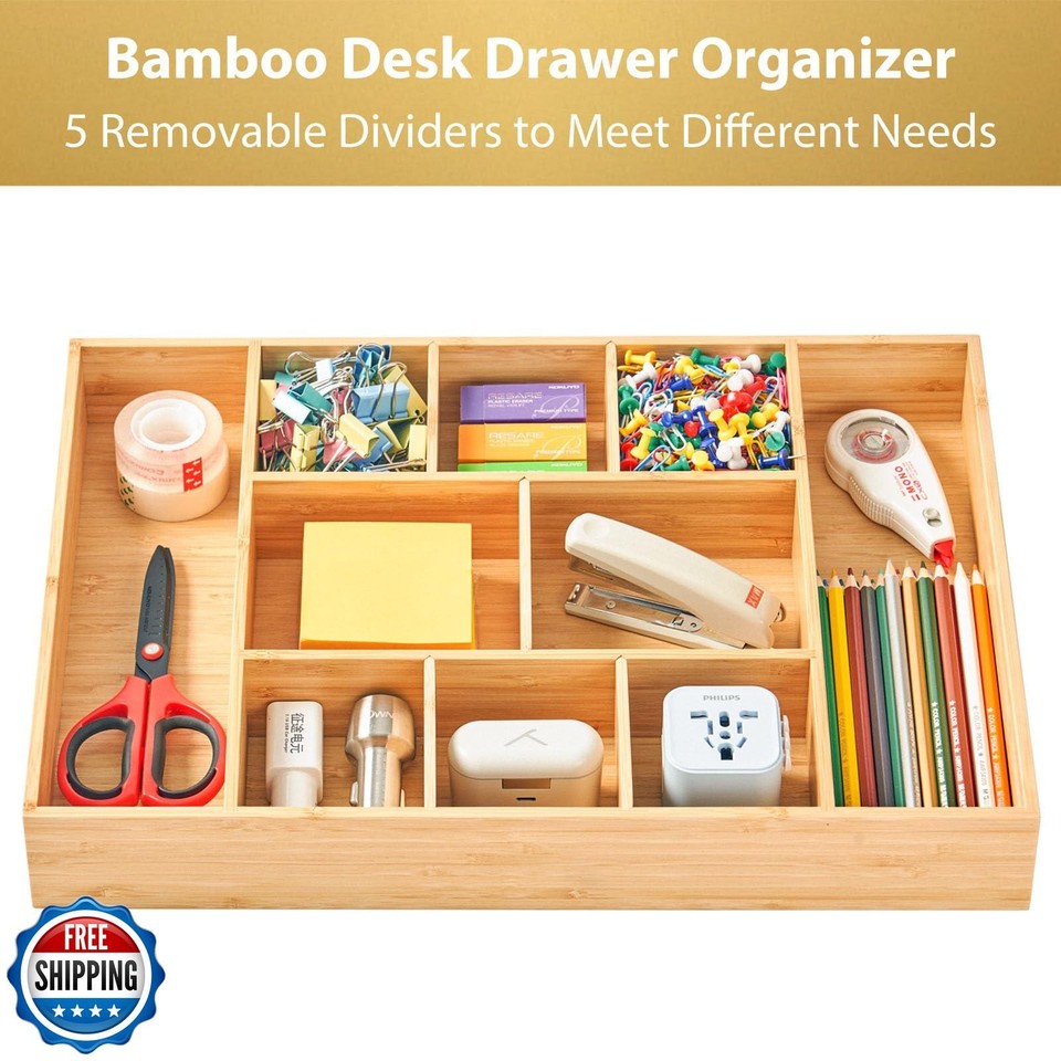 Umilife Extra Large Bamboo Desk Drawer Organizer, Wood Junk Organ | eBay