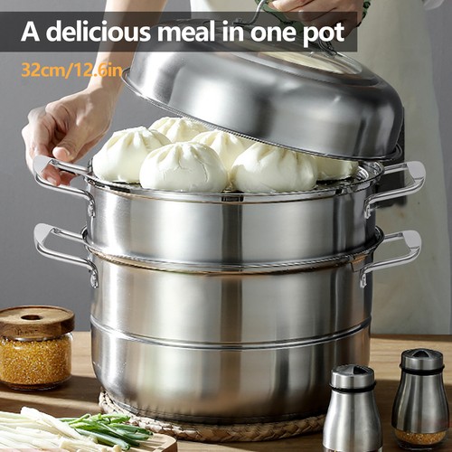 Large Capacity Steamer Cooker Pot Kitchen Cookware 3-Tier 304 Stainless ...