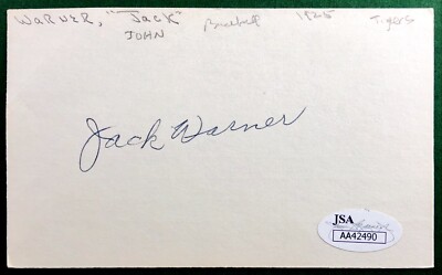 JACK WARNER JSA CERTIFIED BASEBALL AUTOGRAPH INDEX CARD 3X5 DETROIT ...