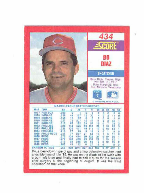 Bo Diaz Cincinnati Reds #6 Catcher #434 Score 1990 Baseball Card | eBay
