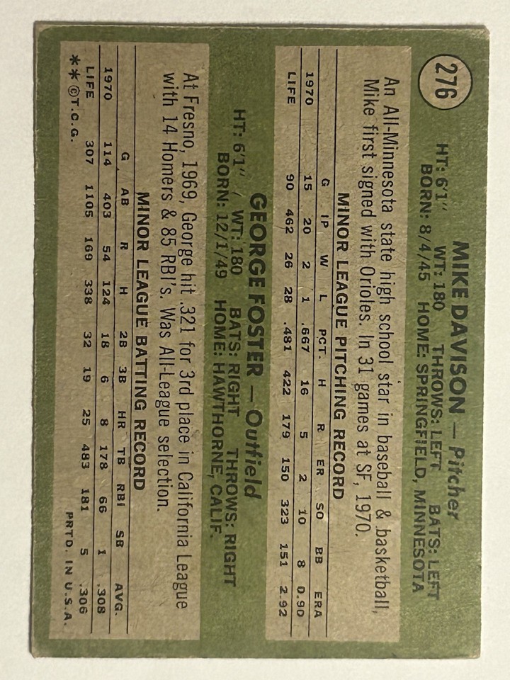 1971 TOPPS GEORGE FOSTER ROOKIE CARD #276 EX | eBay