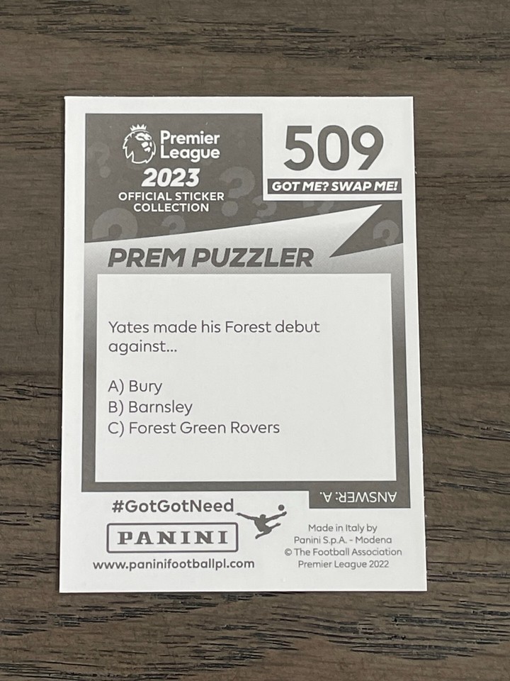 2023 Panini Premier League Stickers Ryan Yates #509 Nottingham Forest ...