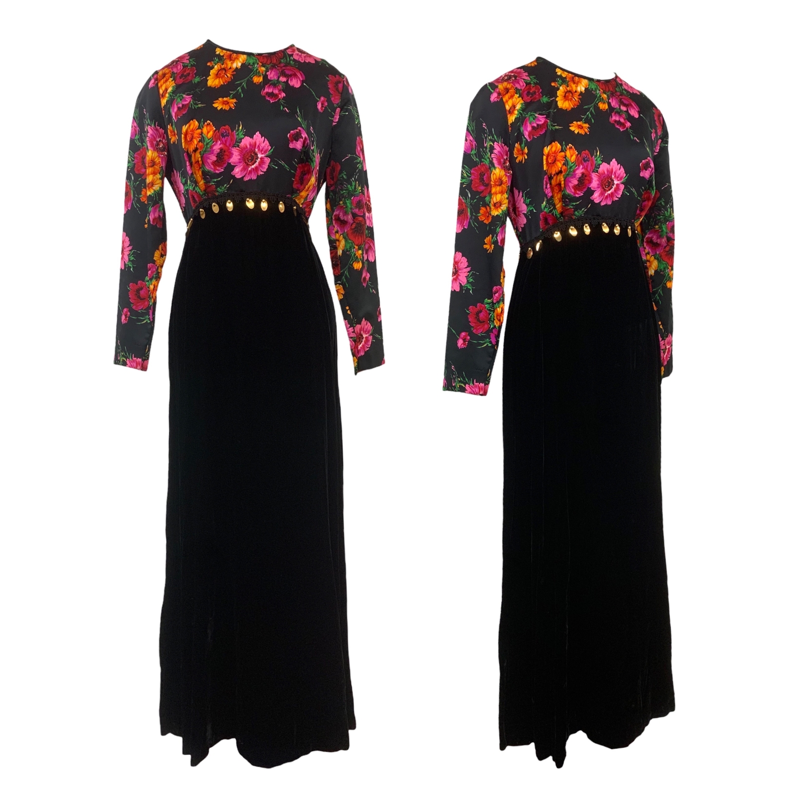 Vtg Vintage 1960s 60s Bernie Bee Black Velvet Poppy Print Cocktail Maxi ...