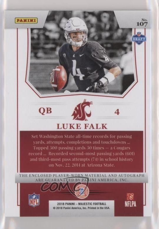 2018 Panini Majestic Rookie Scripted Swatches /99 Luke Falk #107 Rookie ...