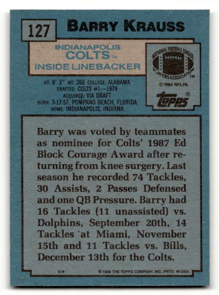 1988 Topps #127 Barry Krauss Indianapolis Colts Football Cards EX/NM ID ...