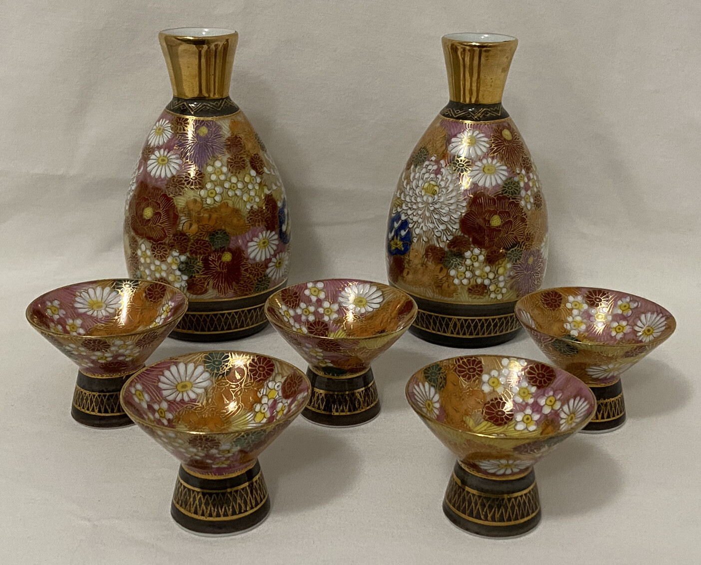 Vintage Porcelain Japanese Saki Set Chrysanthemum Daisy Gold 7 Piece | eBay