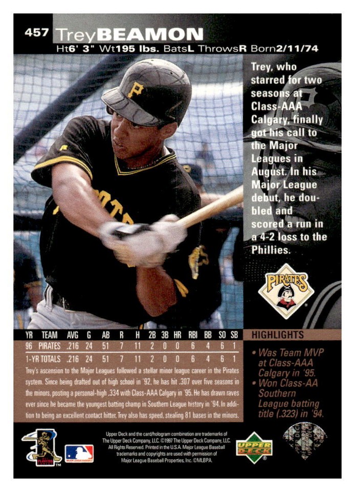 1997 Upper Deck #457 Trey Beamon Pittsburgh Pirates MLD Baseball NM | eBay