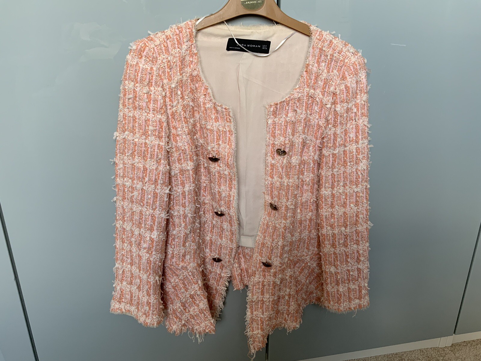 ZARA PEACH PINK BOUCLE TWEED JACKET SIZE S - Gem