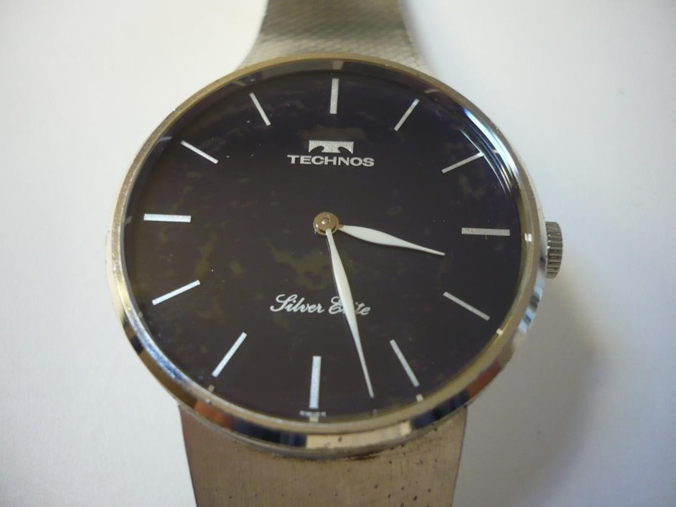 TECHNOS Manual Wind Watch Silver 925 Case Natural Stone Dial 33mm Working Japan | eBay