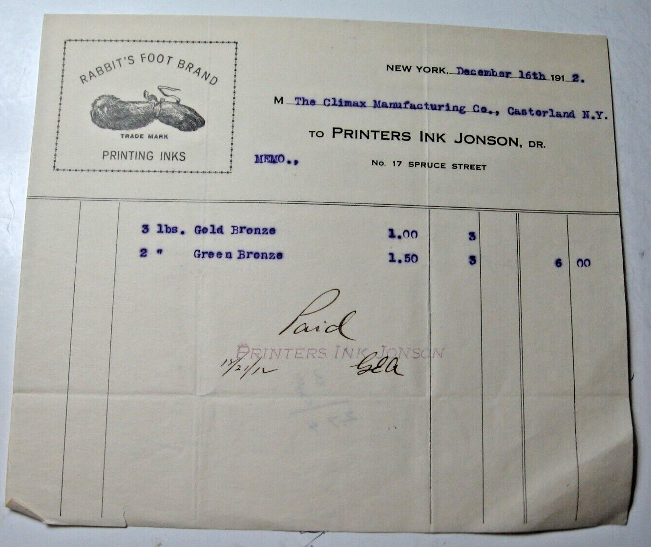 Dec. 16, 1912 Printers Ink Jonson Invoice Sent to Company in Castorland ...