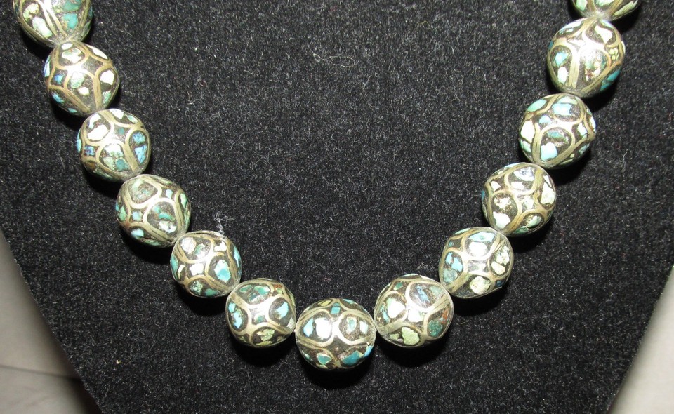 Vintage graduated necklace - turquoise mosaic beads set in metal ...