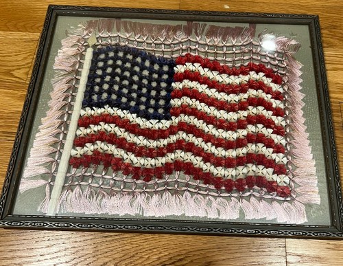 Antique Vintage Handmade Textile Fringe 48 Star American Flag Framed ...