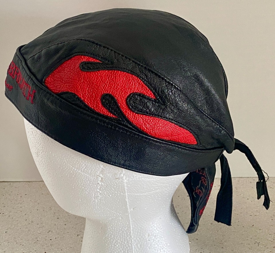 Hogs Breath Black Leather Flames Doo Rag Biker Skull Cap Hat Motorcycle ...