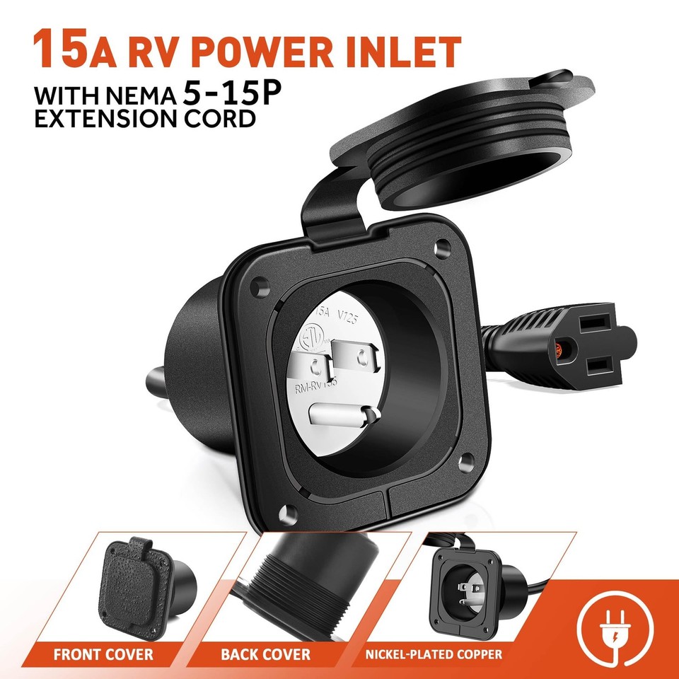 15 Amp 125V AC Power Inlet Port Plug with Extension Cords, NEMA 5-15P ...