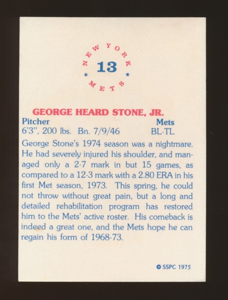 1975 SSPC Mets/Yankees -#13 GEORGE STONE (N. Y. Mets) *AUTOGRAPHED* | eBay