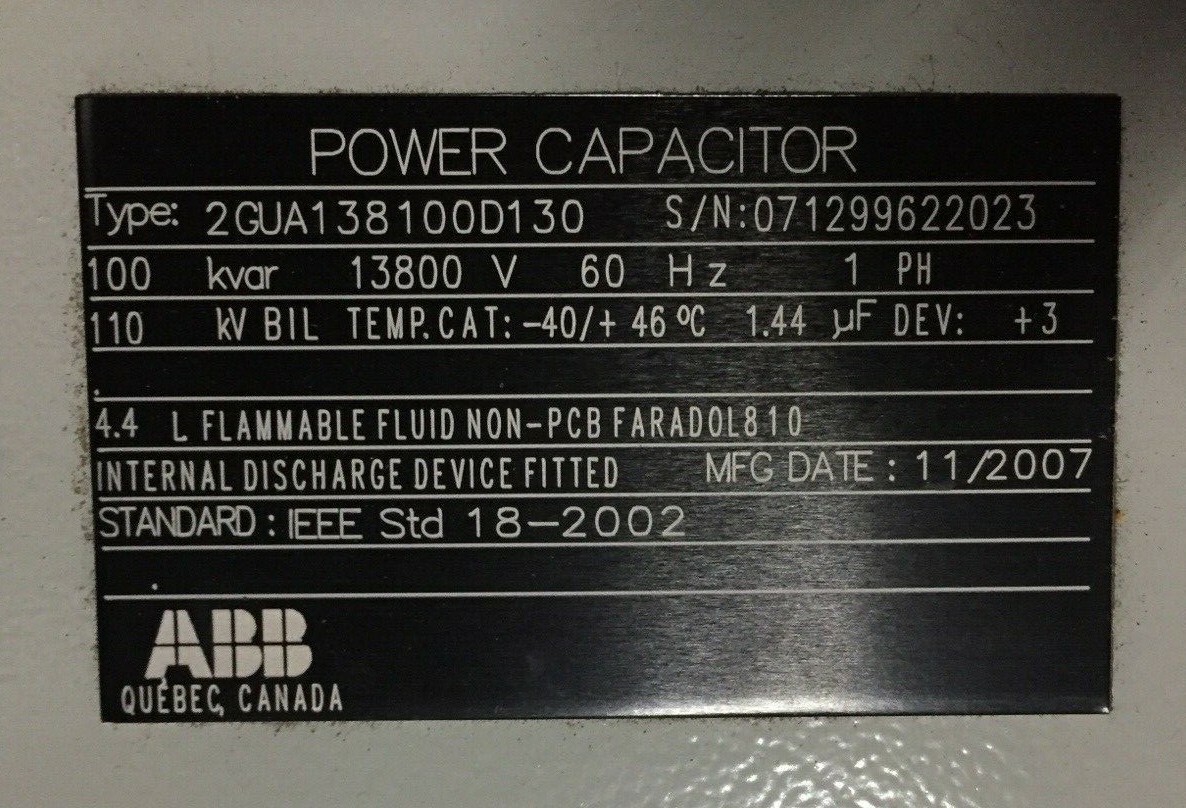 ABB POWER CAPACITOR 100 kVAR, 13800V, 110 KV BIL, NON-PCB, 1 PH ...