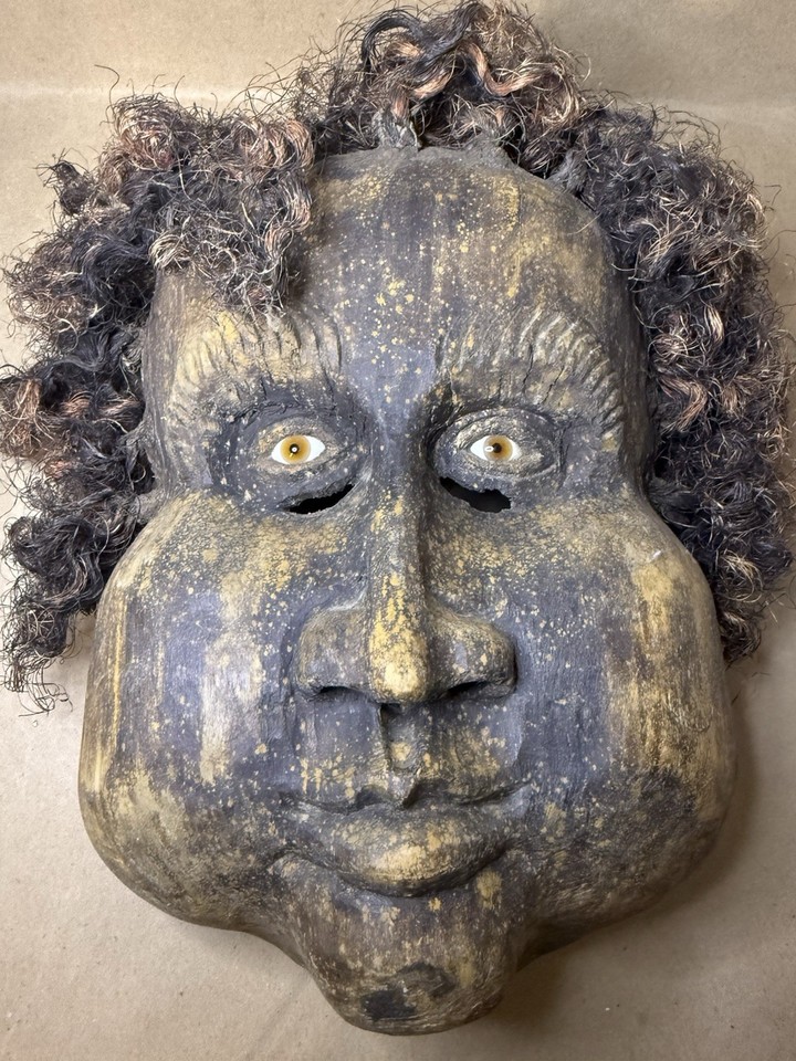 Vintage Wooden Carved Mask / Ugly Man With Glass Eyes Big Cheeks | eBay