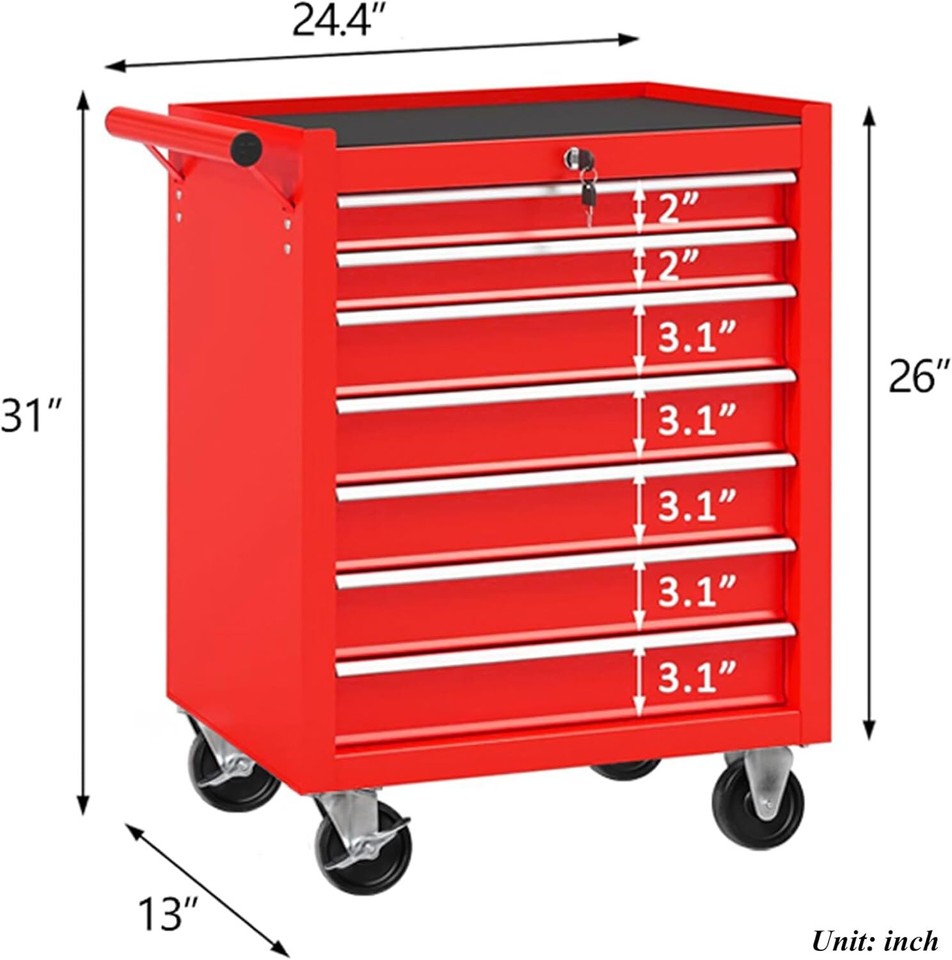 7 Drawer Rolling Tool Storage Cart Toolbox Cabinet with Keyed Locking ...