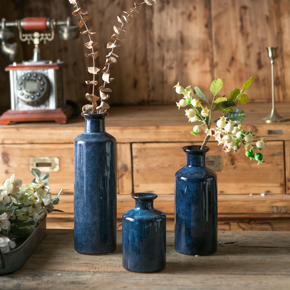 Blue Ceramic Vase Set Of 3 Small Vases Modern Farmhouse For Home Decor ...