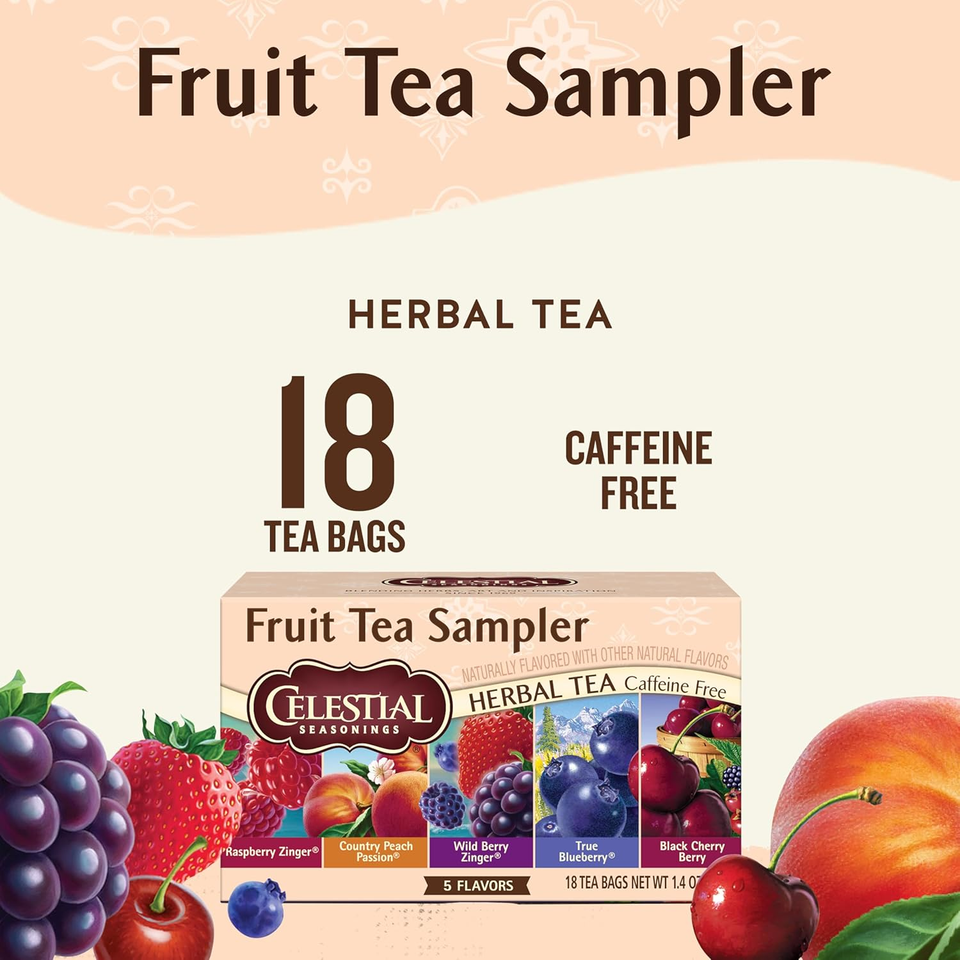 Fruit Tea Sampler Herbal Tea Variety Pack, Caffeine Free, 18 Tea Bags ...