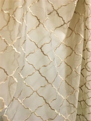 Embroidered Geometric Sheer Designer Fabric Gray Off- White Drpery ...