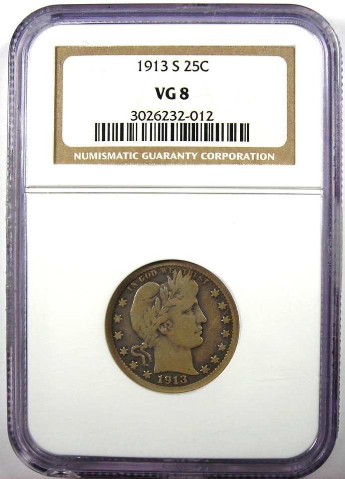 1913-S Barber Quarter 25C Coin - Certified NGC VG8 - Rare Date - $3,750 ...