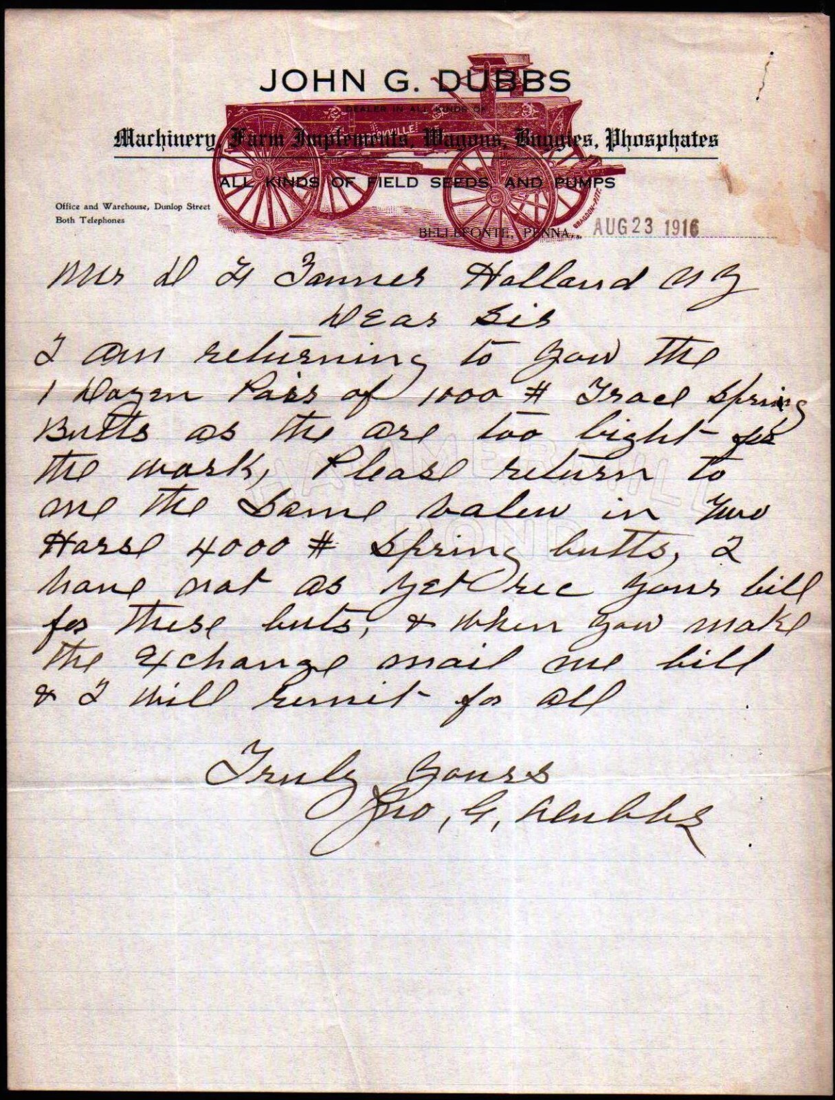 1916 Bellefonte Pa - John G Dubbs - Farm Implements - Color Letter Head ...