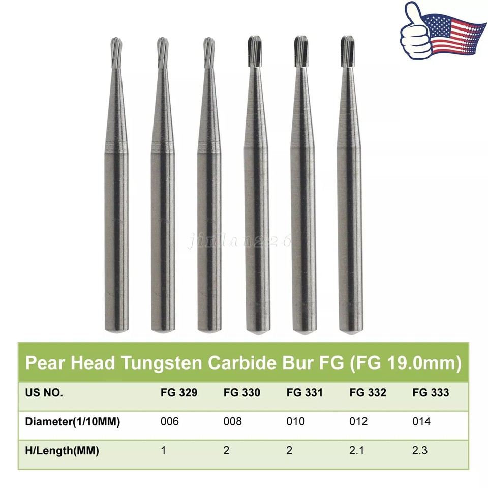 Dental Carbide Burs FG 330 245 1-5 701 Bur High Speed Pear Domed Taper ...