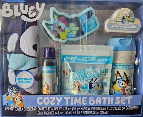 Bluey Cozy Time Bath Set 6pc Hair towel-Bubble Bath-Rainbow Bath Bomb ...