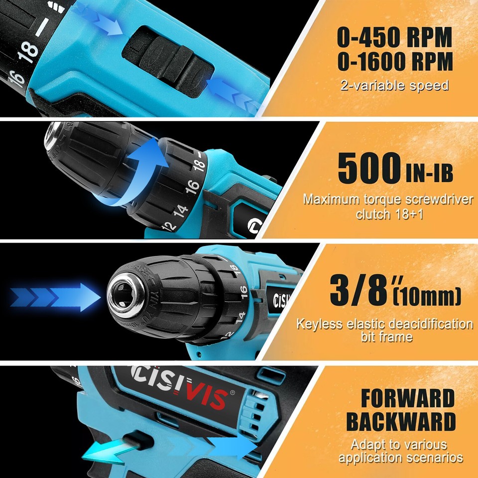 21V Cordless Drill Combi Driver 2 Battery High Power Electric ...