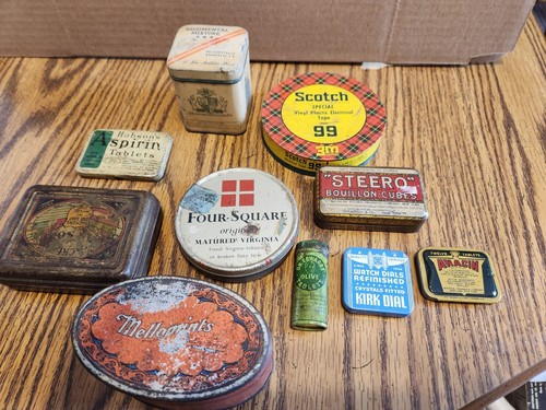 Lot of 10 Vintage EMPTY Tins Tobacco Aspirin Olive Tablets Scotch Tape ...