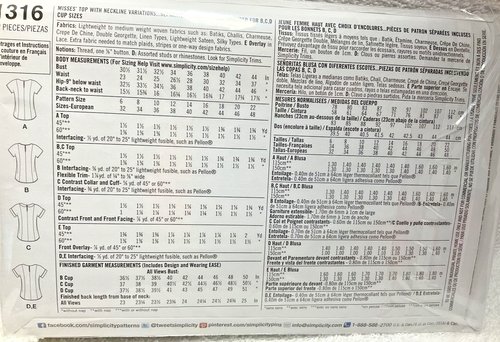 Simplicity Sewing Pattern 1316 Misses Women Top H5 6-14 Uncut for sale ...