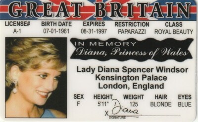 Princess Diana Spencer of London England Drivers License Great Britain ...