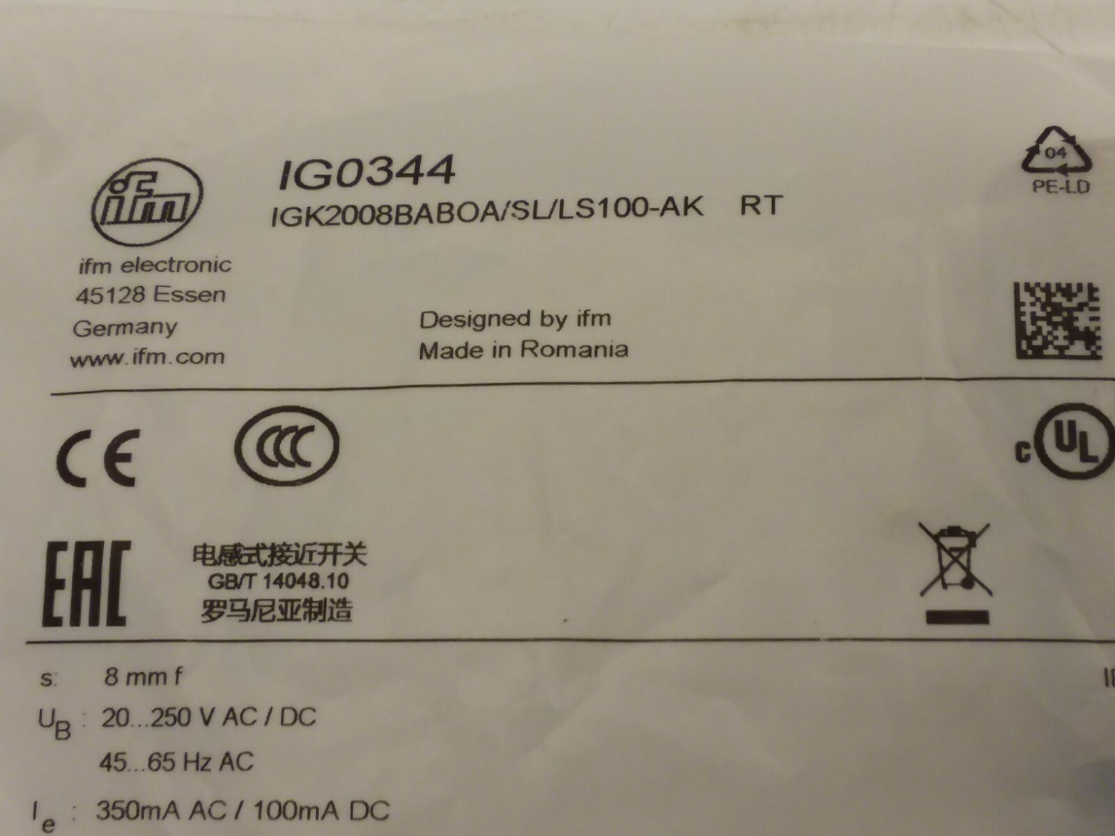 IFC IG0344 INDUCTIVE SENSOR IGK2008BABOA/SL/LS100-AK METAL AC/DC OUTPUT ...