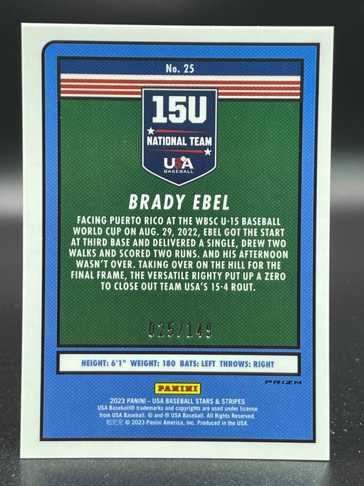 2023 USA Stars & Stripes BRADY EBEL #25 Red Stars Prizm 025/149 Free ...