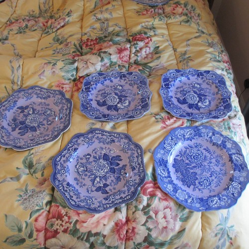 SPODE ARCHIVE COLL. BRITISH FLOWERS (5) BLUE/LAVENDER 9.5" PLATES NEW ...