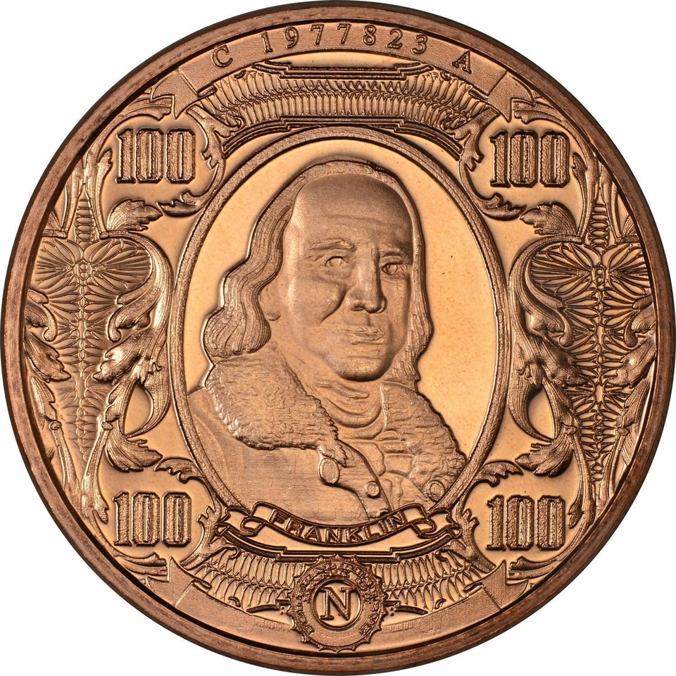 1 oz .999 Fine Copper Round $100 BEN FRANKLIN NOTE Design Art Bar Mint ...