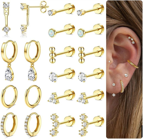 Hypoallergenic Flat Back Earrings Gold Cartilage Earring Sets for Multiple Pierc 7445014023080| eBay