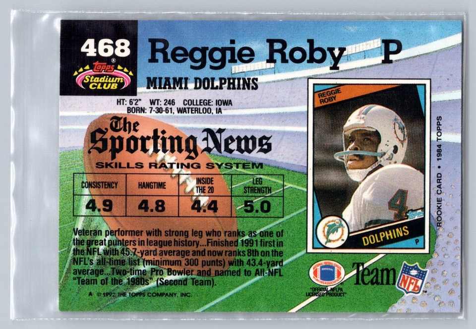 1992 TOPPS STADIUM CLUB CARD # 468 Reggie Roby - Miami Dolphins | eBay