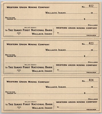 Wallace Idaho Western Union Mining Co. First National Bank Check Sheet ...