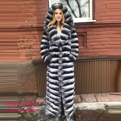 130CM Women Real Rex Rabbit Fur Coat Hooded Chinchilla Winter Thick Fur ...