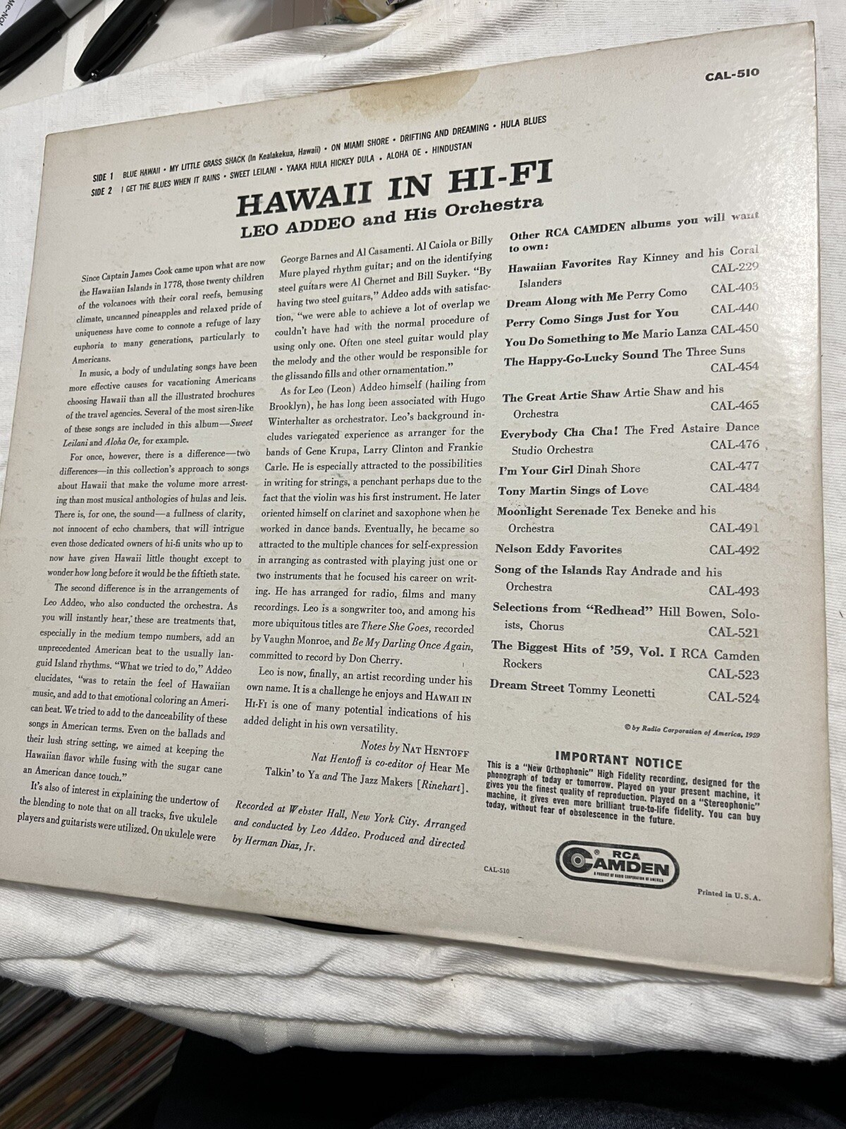 Leo Addeo Hawaii In Hi-Fi vinyl LP RCA Camden records CAL 510 1959 | eBay