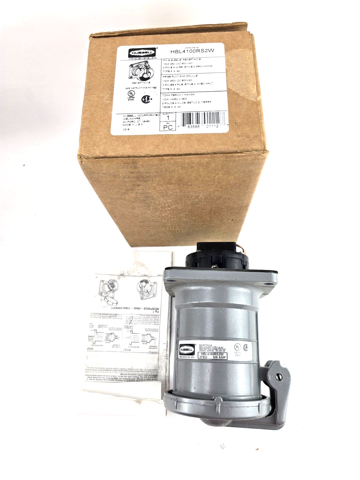 Hubbell HBL4100RS2W 100-Amp Receptacle 100A 600V 3P Generator Wall Plug ...