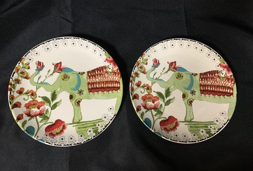 World Market Nomad Green Elephant Boho Floral White Lot of 2 Plates 8.5 ...